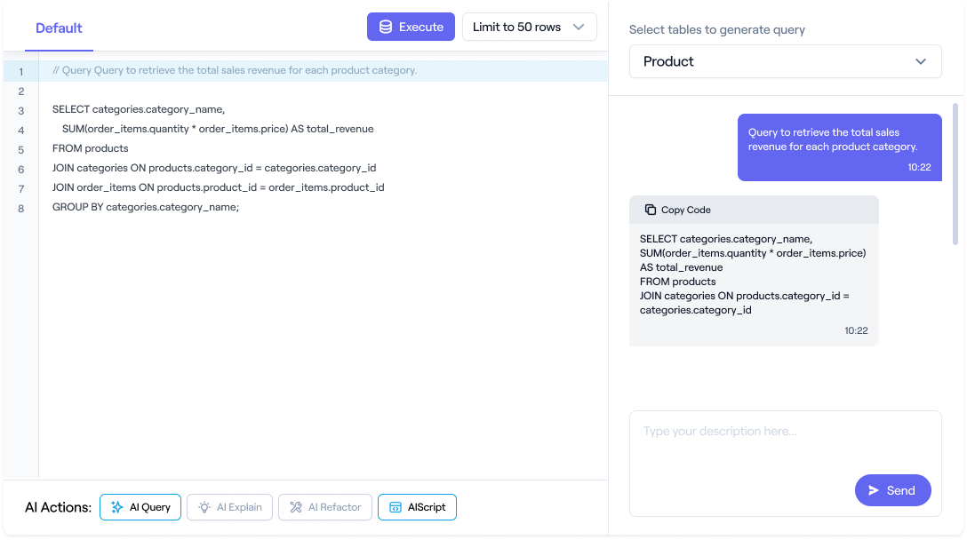 Generate queries on database using AI | Try for free